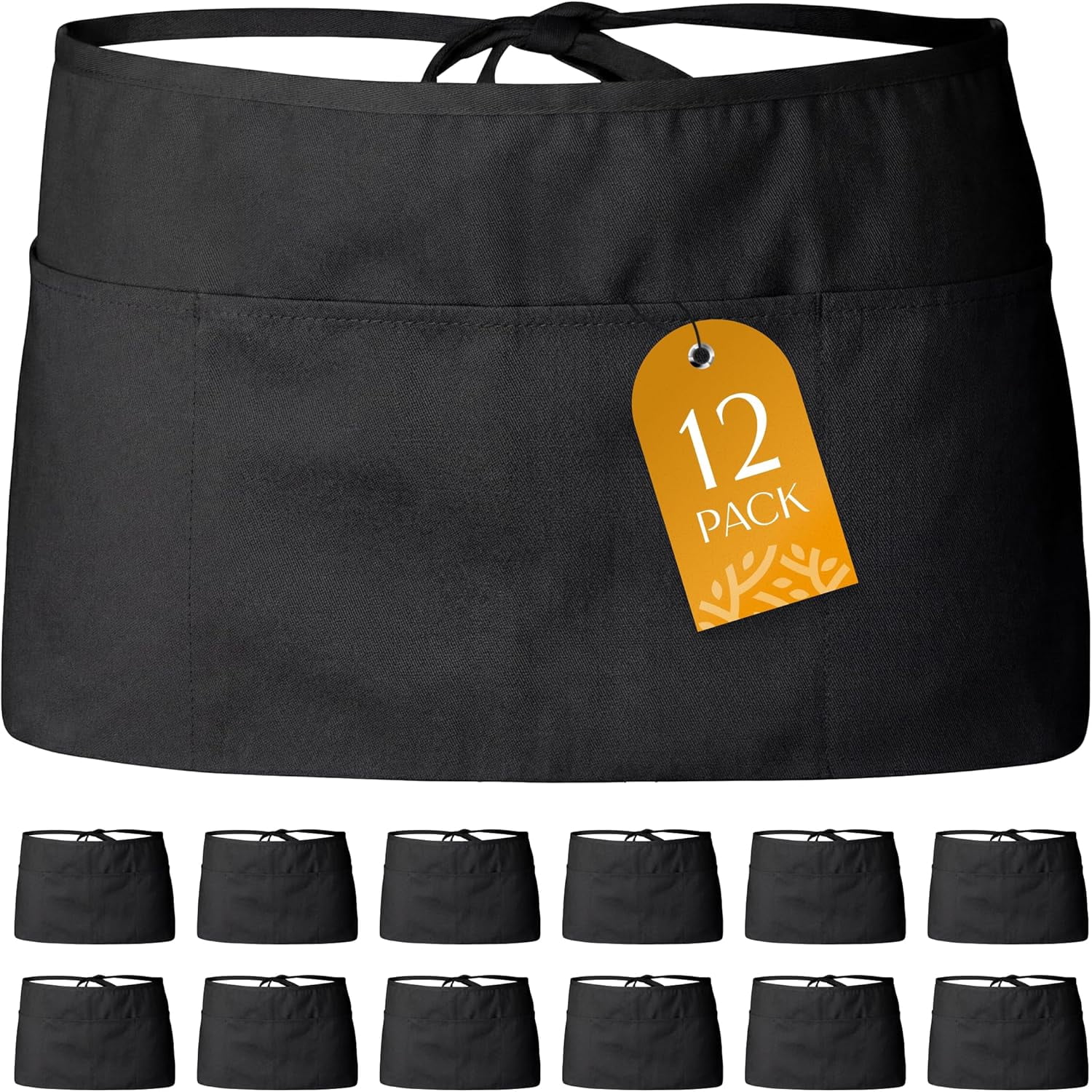 12 Pack - Black Server Waist with 3 Pockets, Waitress Half Apron ...