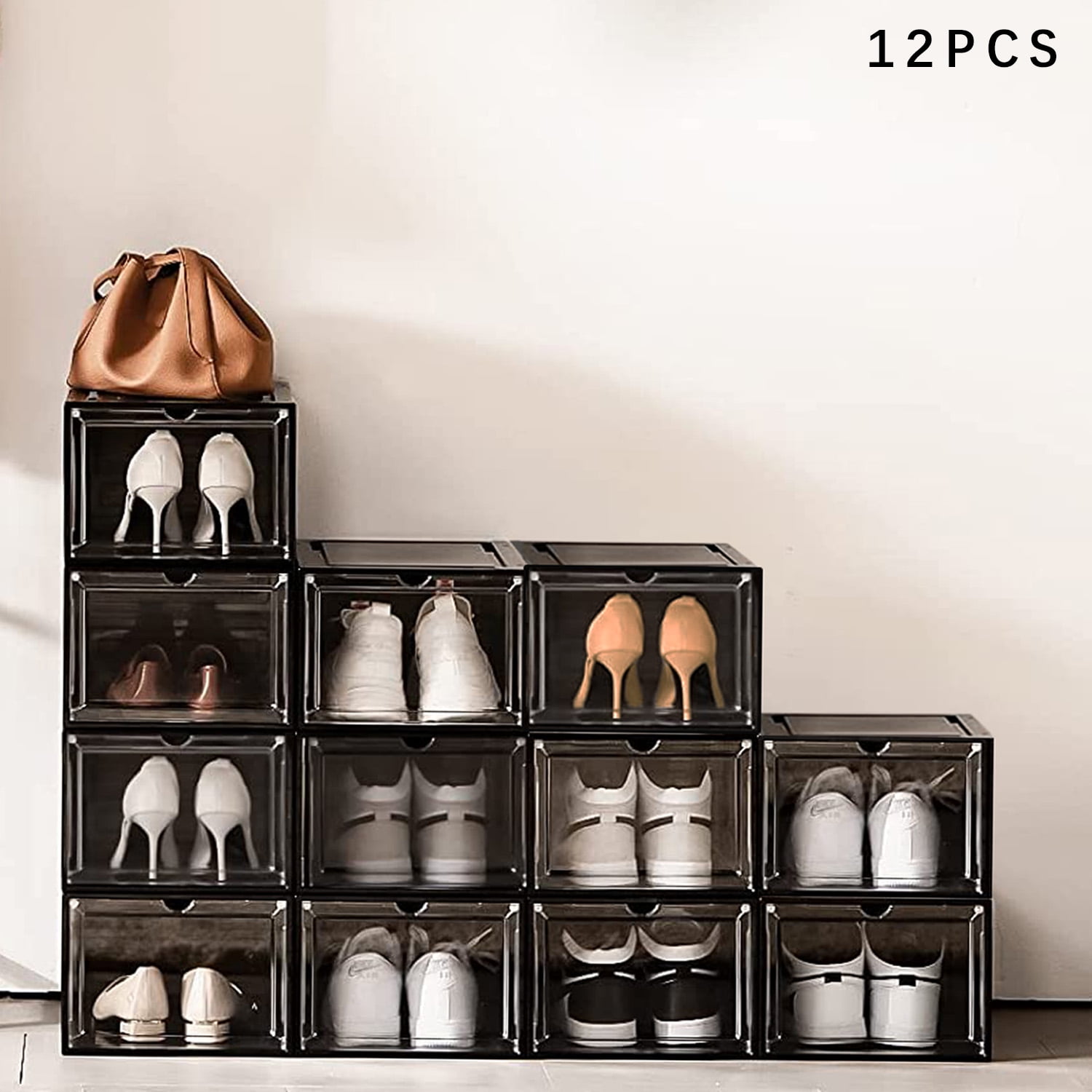 12 Pack Black Shoe Storage Organizer with Magnetic Door TeqHome ...