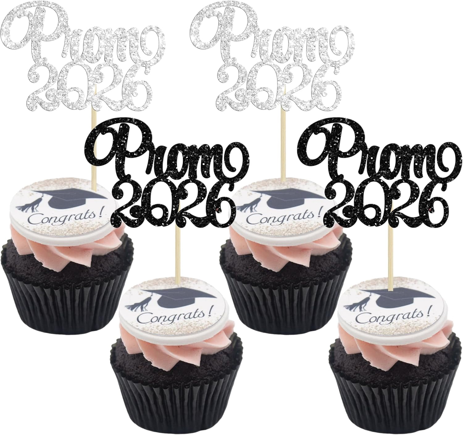 12 Pack Black/Silver Glitter Prom 2026 Cupcake Toppers, Prom Night ...