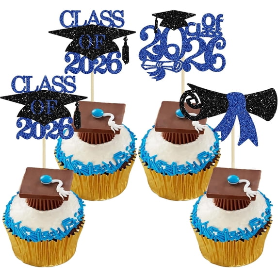 12 Pack Blue/Black Glitter Class of 2026 Graduation Cupcake Toppers ...