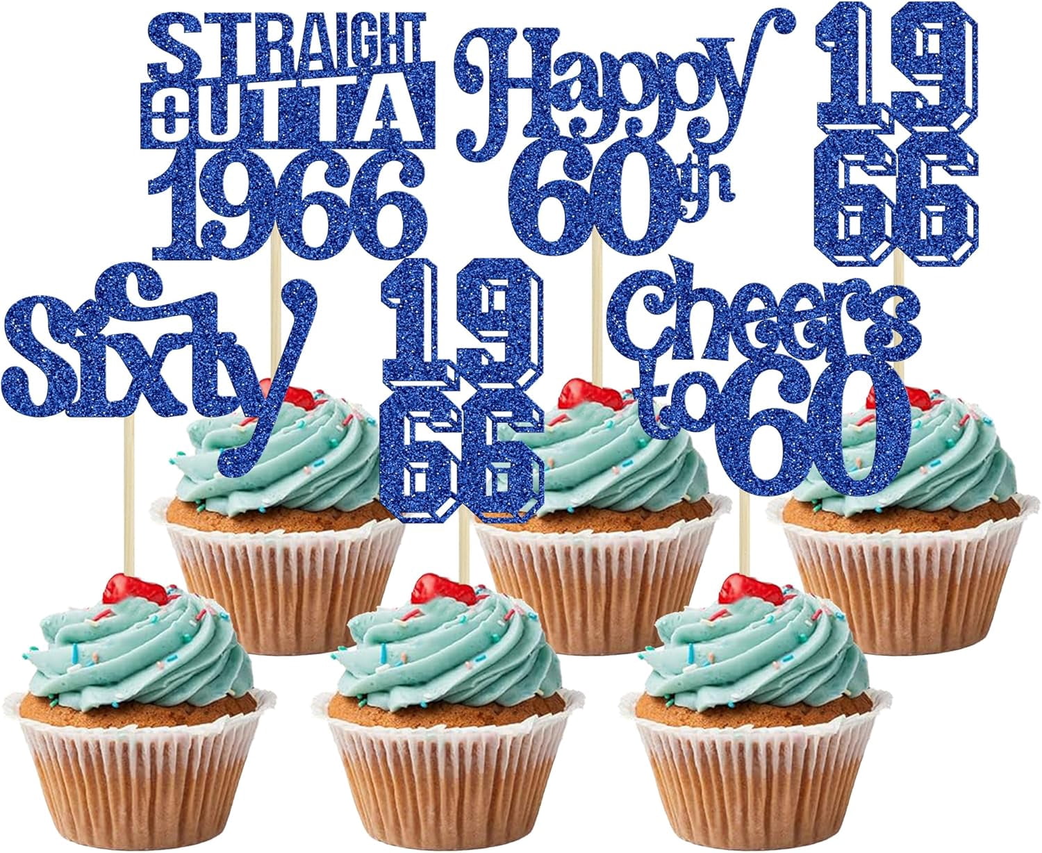 12 Pack Blue Glitter 60th Birthday Cupcake Toppers, Party Picks ...
