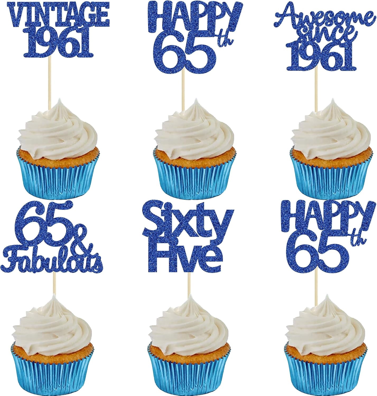 12 Pack Blue Glitter 65th Birthday Cupcake Toppers, Vintage 1961 Theme ...