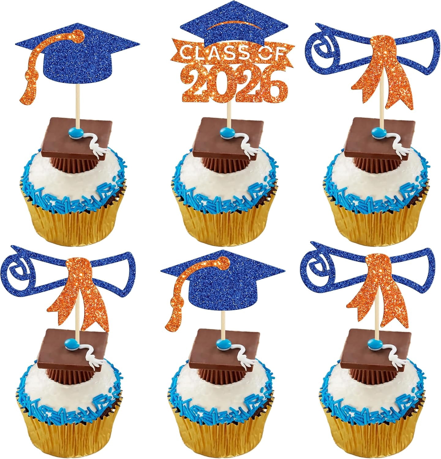 12 Pack Blue & Orange Glitter Graduation Cupcake Toppers, "Class of ...