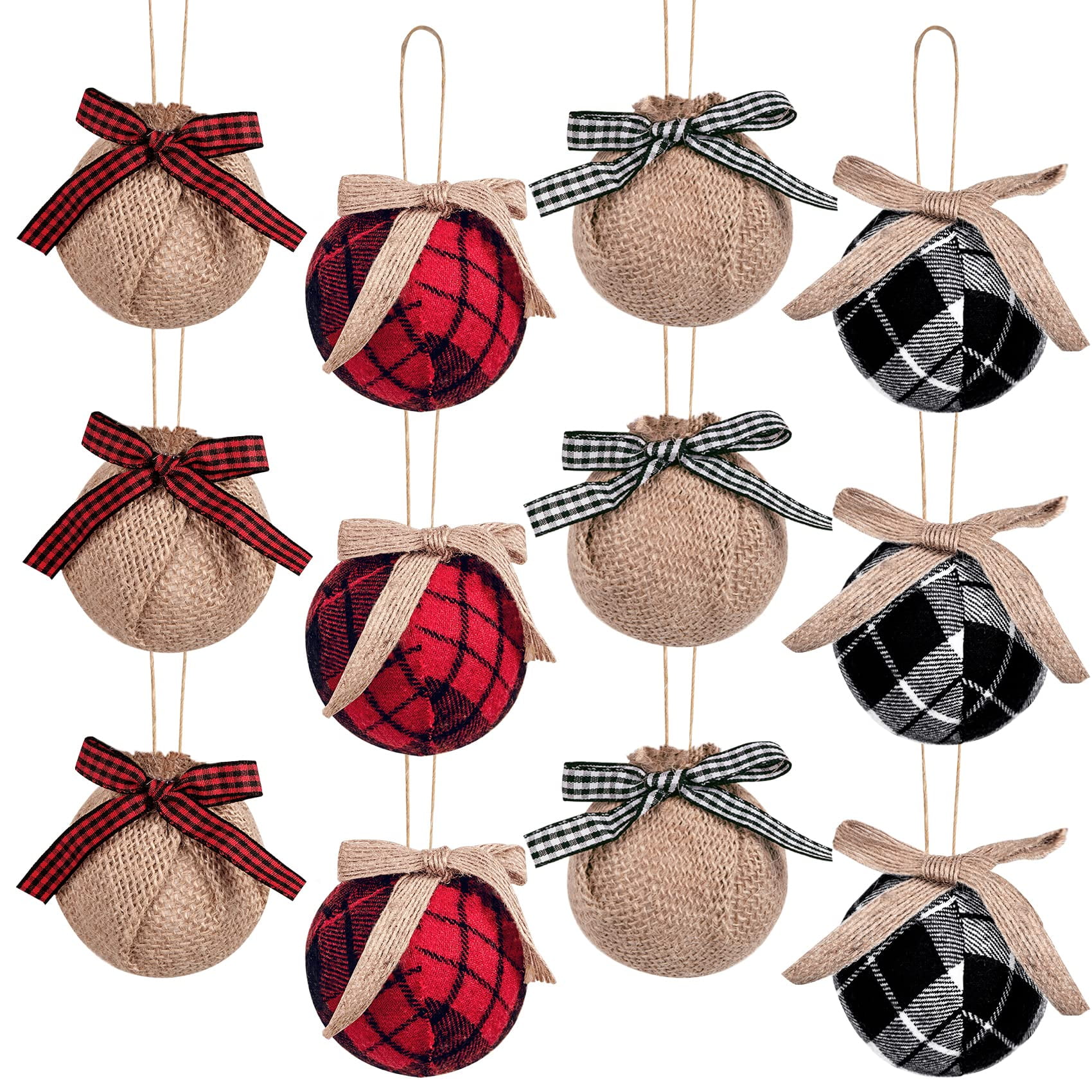 12 Pack Buffalo Plaid Christmas Ornaments, Rustic Burlap Farmhouse ...