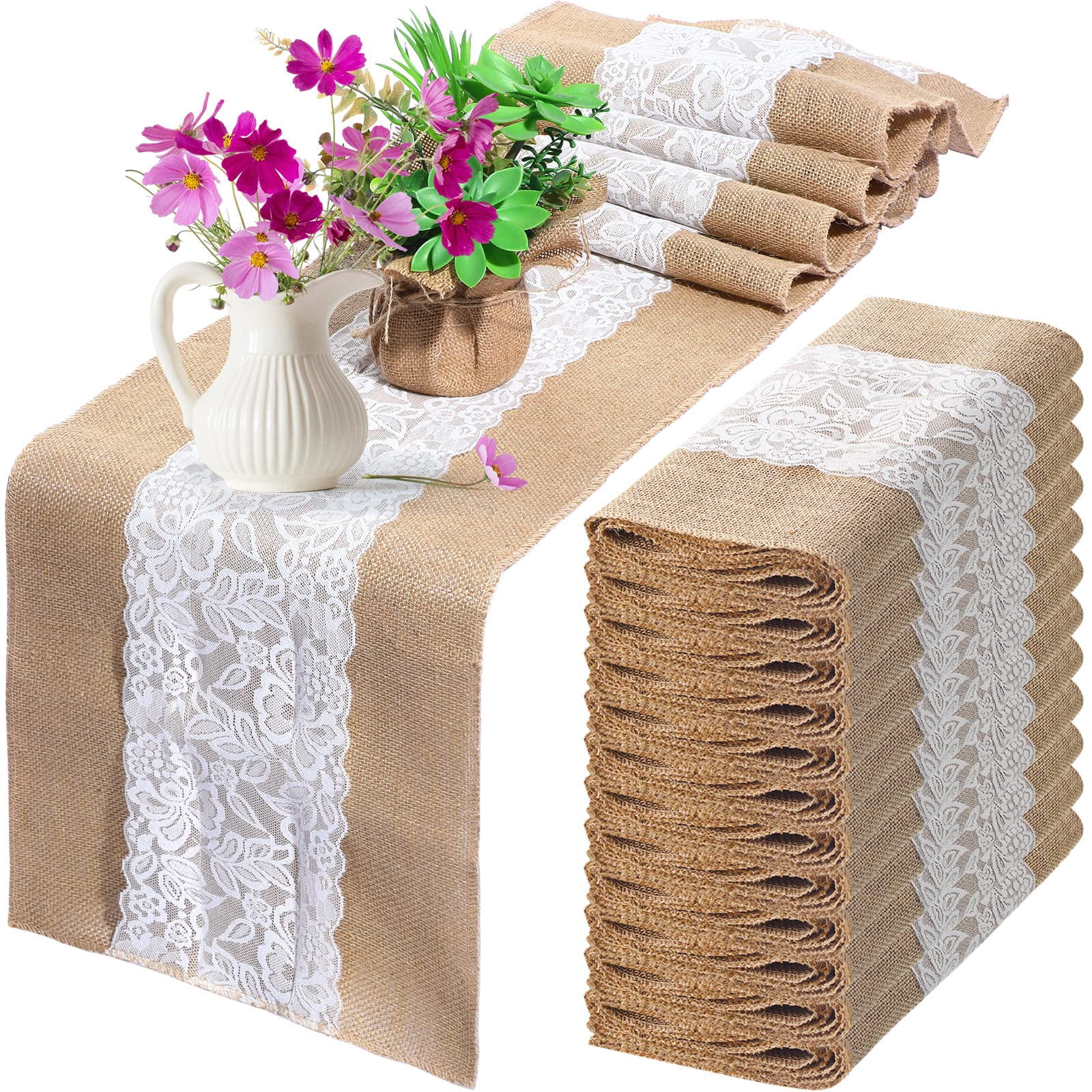 12 Pack Burlap Table Runners With Lace 12 X 72 Inch Long Rustic Jute ...