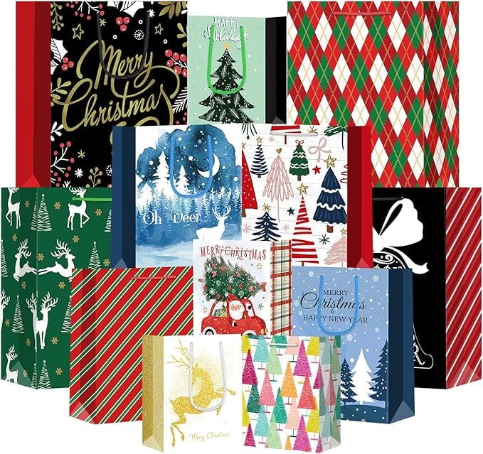 12 Pack Christmas Gift Bags Assorted Sizes,Christmas Paper Bags with ...