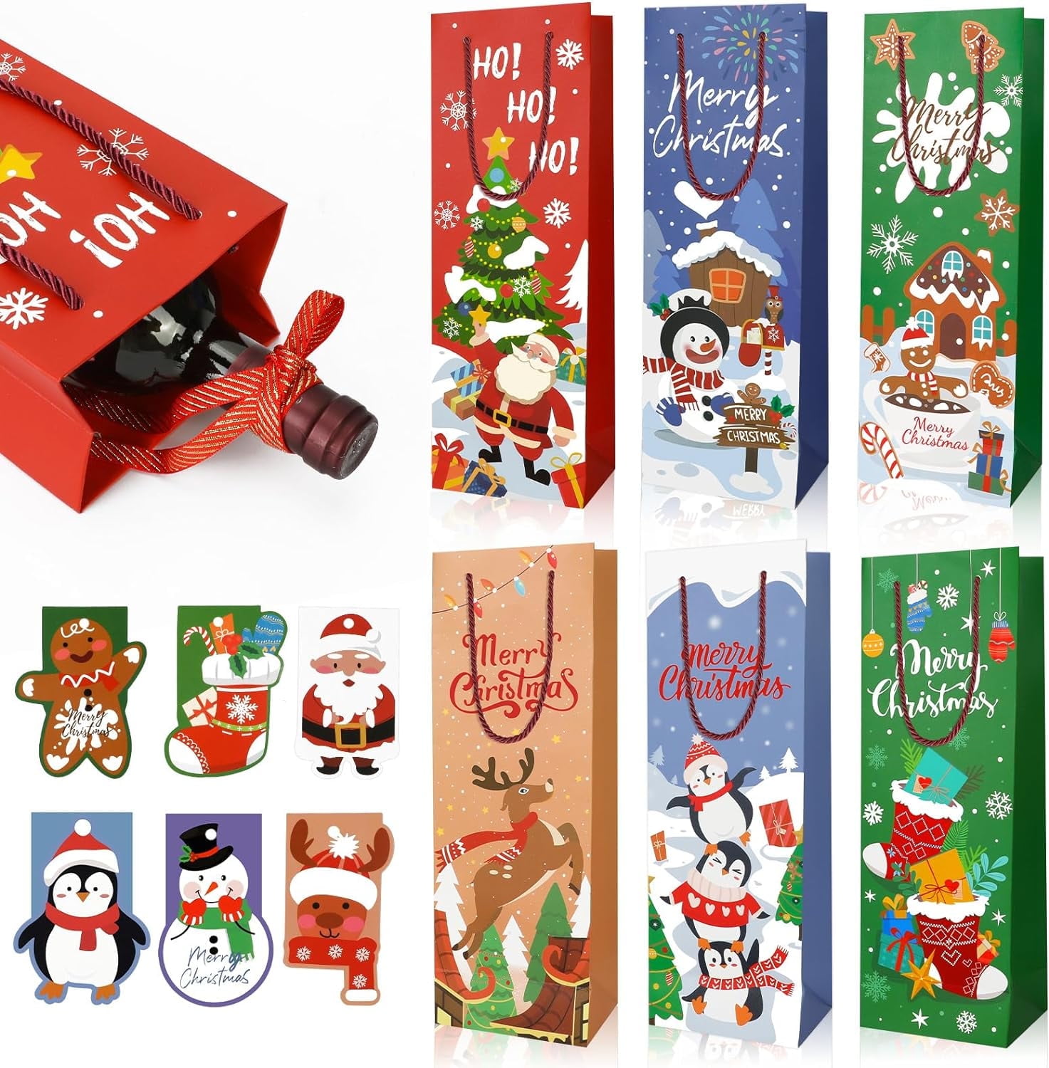 12 Pack Christmas Wine Bottle Gift Bags with Handle Tags, Holiday Wine ...