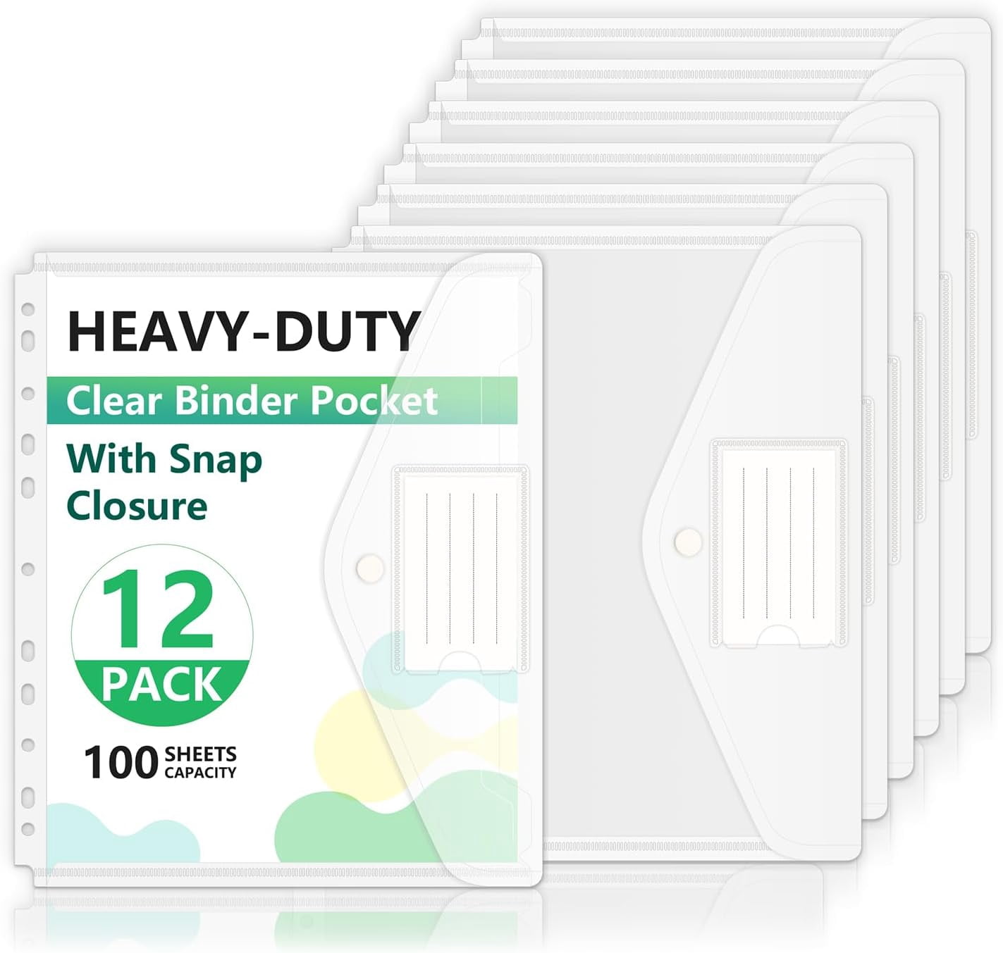 12 Pack Clear Binder Pocket, 11 Holes Heavy-Duty Plastic Pouch with ...