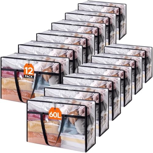 12 Pack Clear Clothes Storage Bags, 60L Plastic Blanket Storage Bag ...