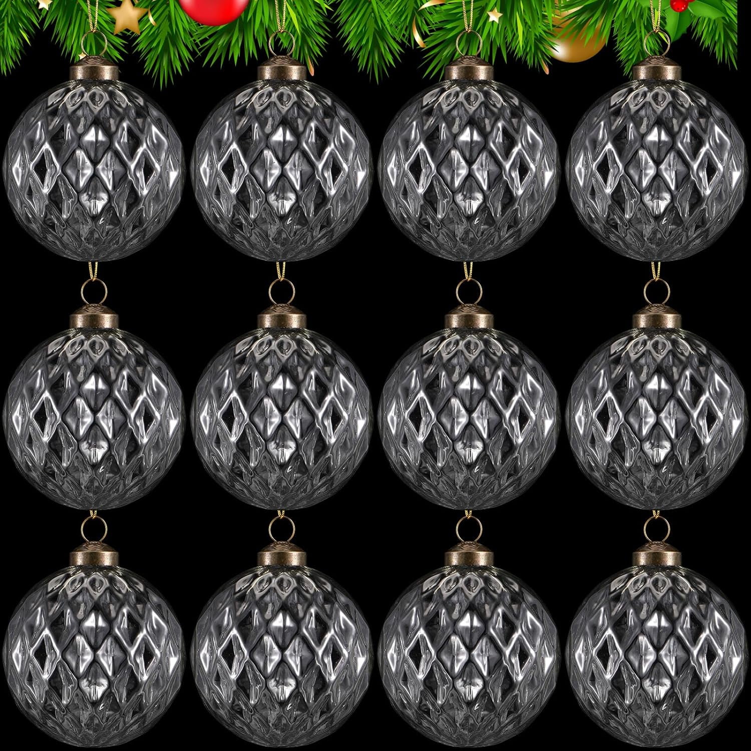 12 Pack Clear Glass Christmas Ornaments 3 Inch Cut Ball Decorations ...