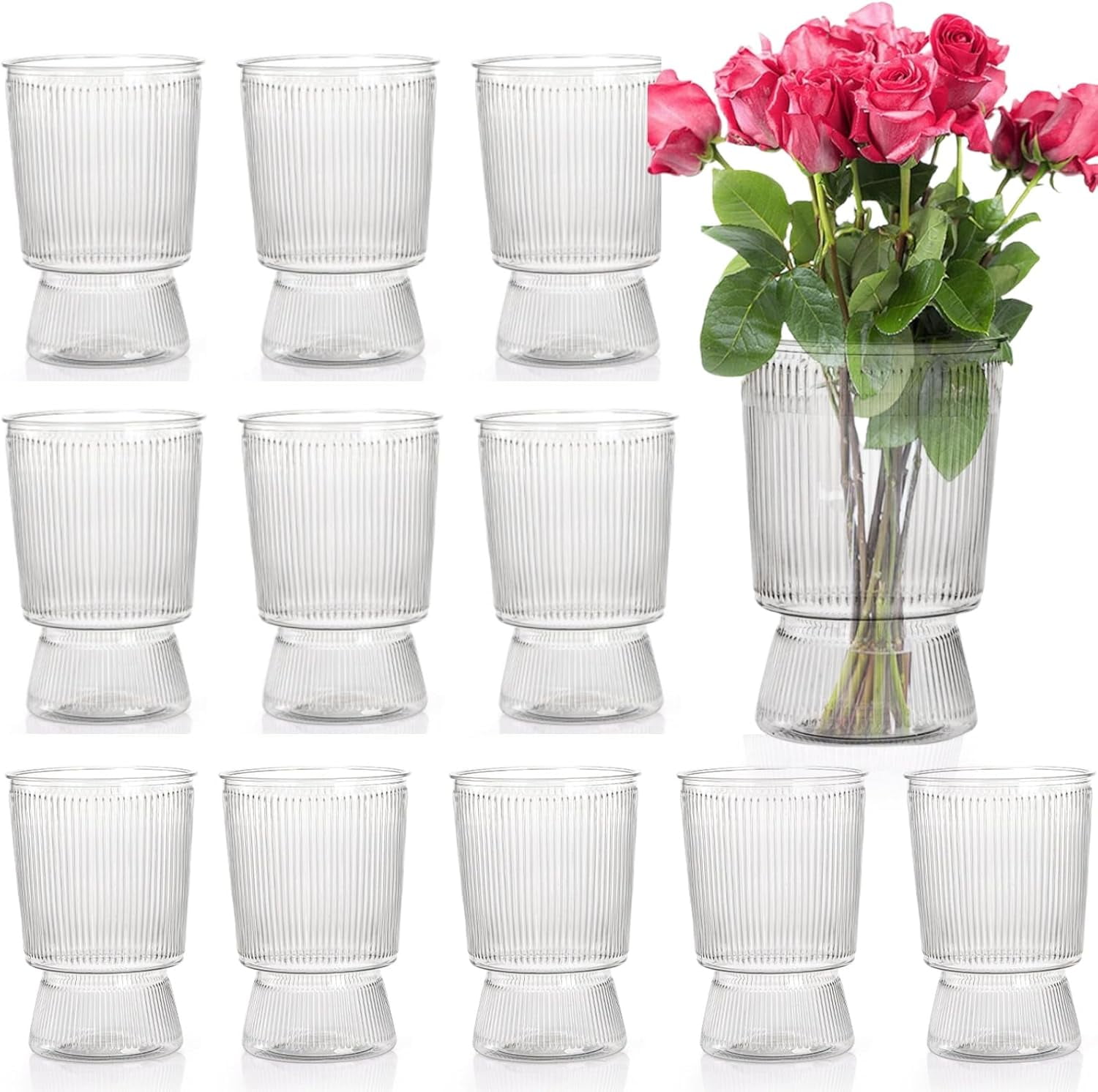 12 Pack Clear Plastic Flower Vases, 6.3" Ribbed Fluted Glass-Like Vase ...
