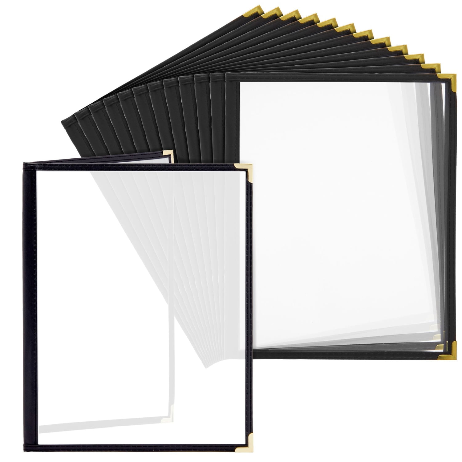 Juvale 12 Pack Clear Restaurant Menu Covers, Black Leather Trim, Gold ...