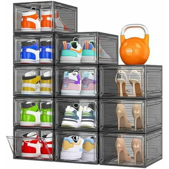 12 Pack Clear Shoe Storage Organizer with Magnetic Door, Stackable ...