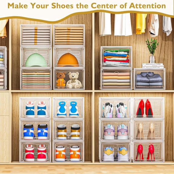 12 Pack Clear Shoe Storage Organizer with Magnetic Door, Stackable ...