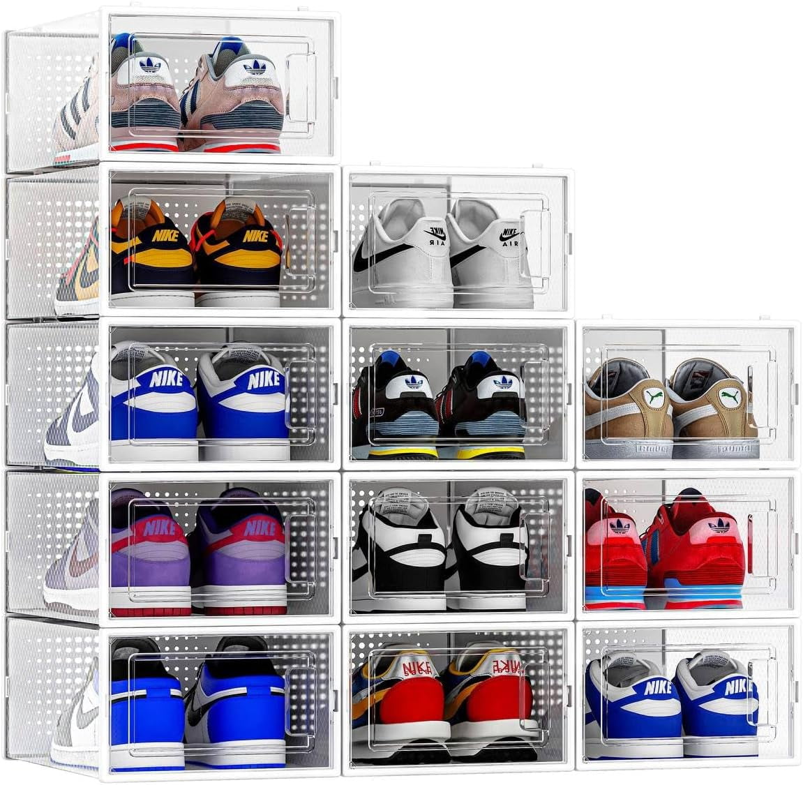 12 Pack Clear Stackable Shoe Storage Boxes White Frame Foldable Space ...