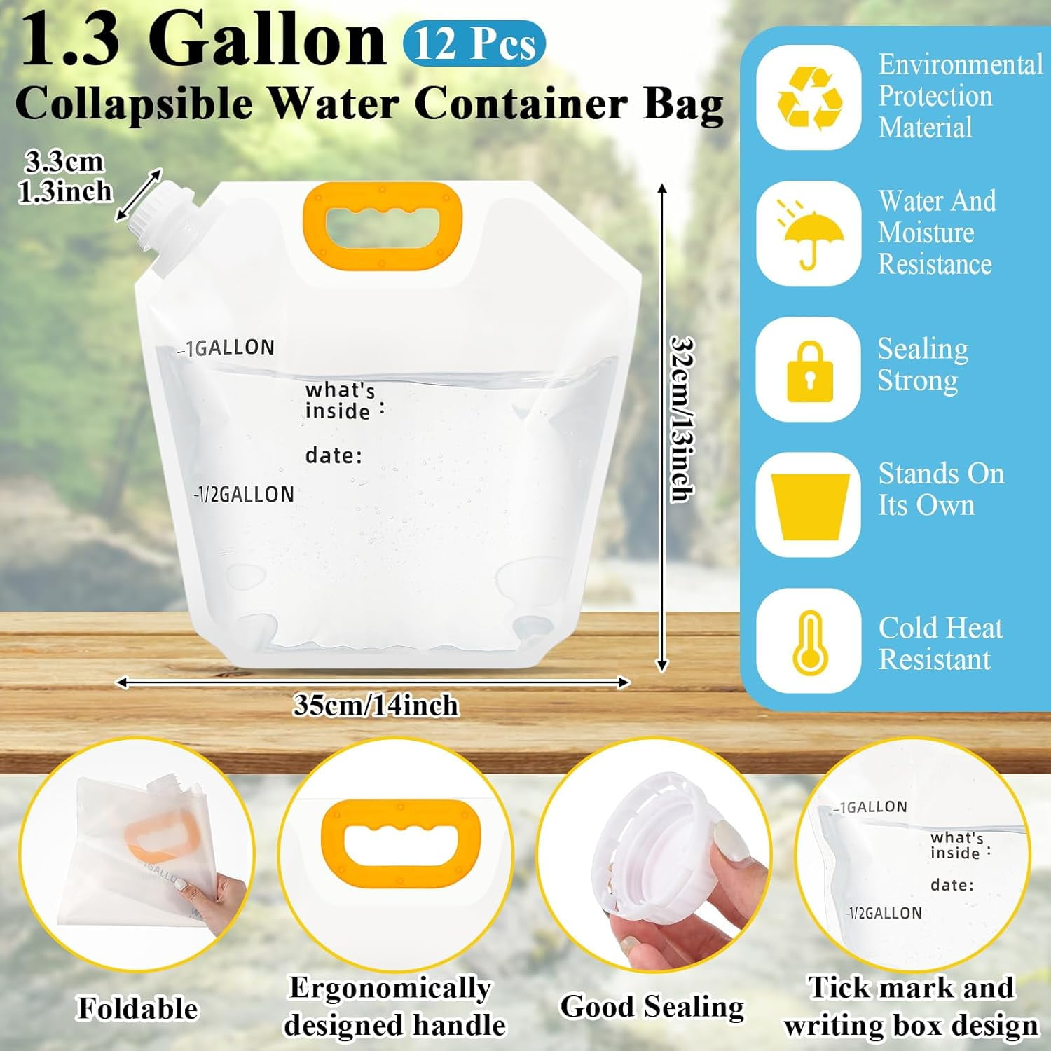 12 Pack Collapsible Water Storage Bag with Scale Line, 1.3 Gallon ...
