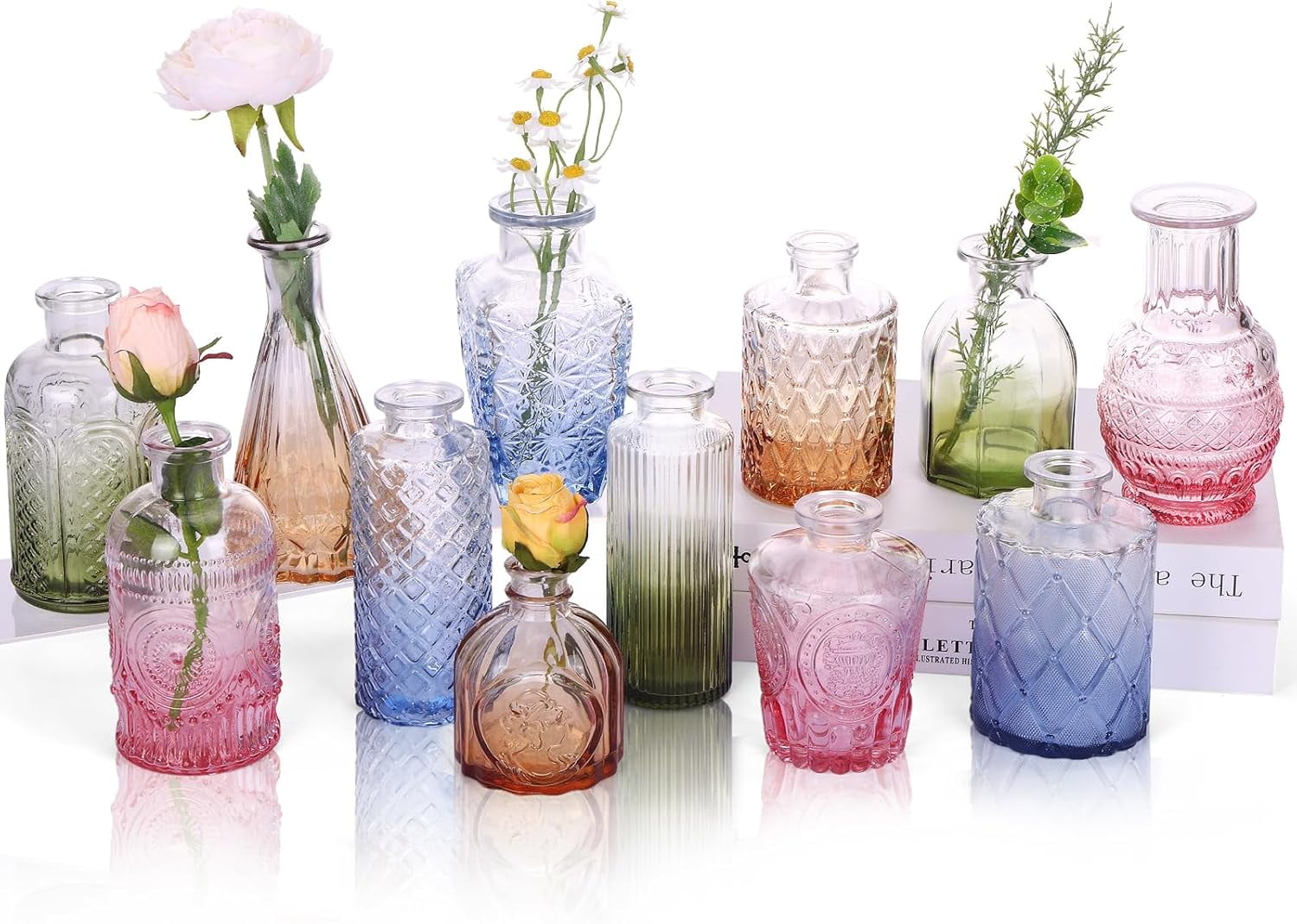 12 Pack Colorful Glass Bud Vases, Vintage Style Small Flower Vases for ...