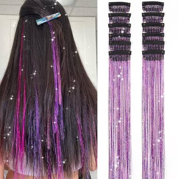 12-Pack Colorful Glitter Clip-In Hair Tinsel, 20 Inch Sparkle Hair ...