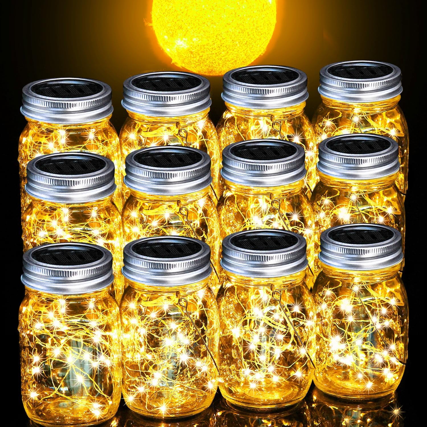 12 Pack Crystal Glass Solar Lanterns Outdoor Waterproof 30LED Mason Jar ...