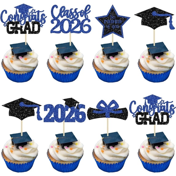 12 Pack Deep Blue & Black Glitter 2026 Graduation Cupcake Toppers ...