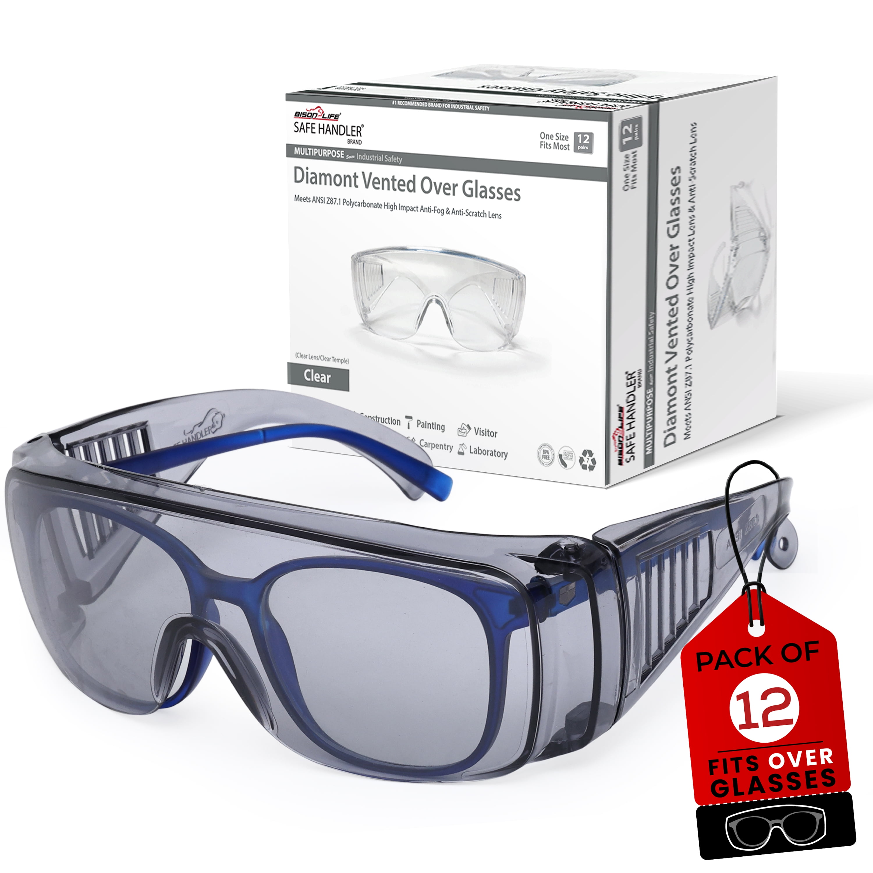12 Pack, Diamont Vented Over Safe Handler Safety Glasses, For Men/Women ...
