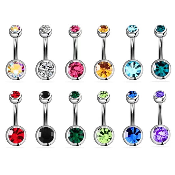 12 Pack Double Round Crystal Belly Button Rings, Surgical Steel Multi ...
