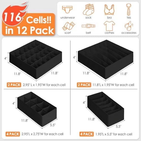 12 Pack Drawer Organizers, 116 Compartments Fabric Foldable Dresser ...