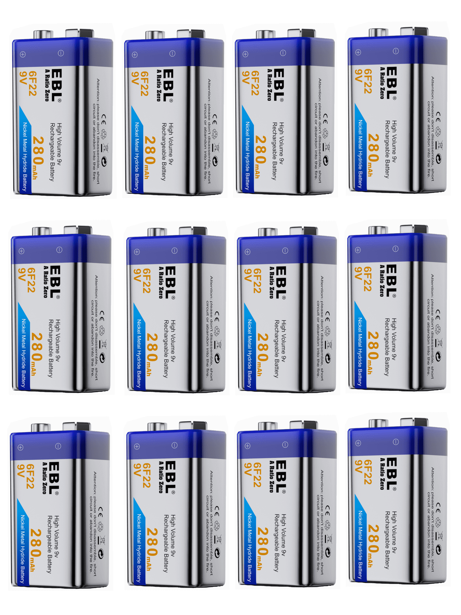 12 Pack EBL 280mAh 9V 6F22 Ni-MH Battery Rechargeable Batteries 9 Volt ...