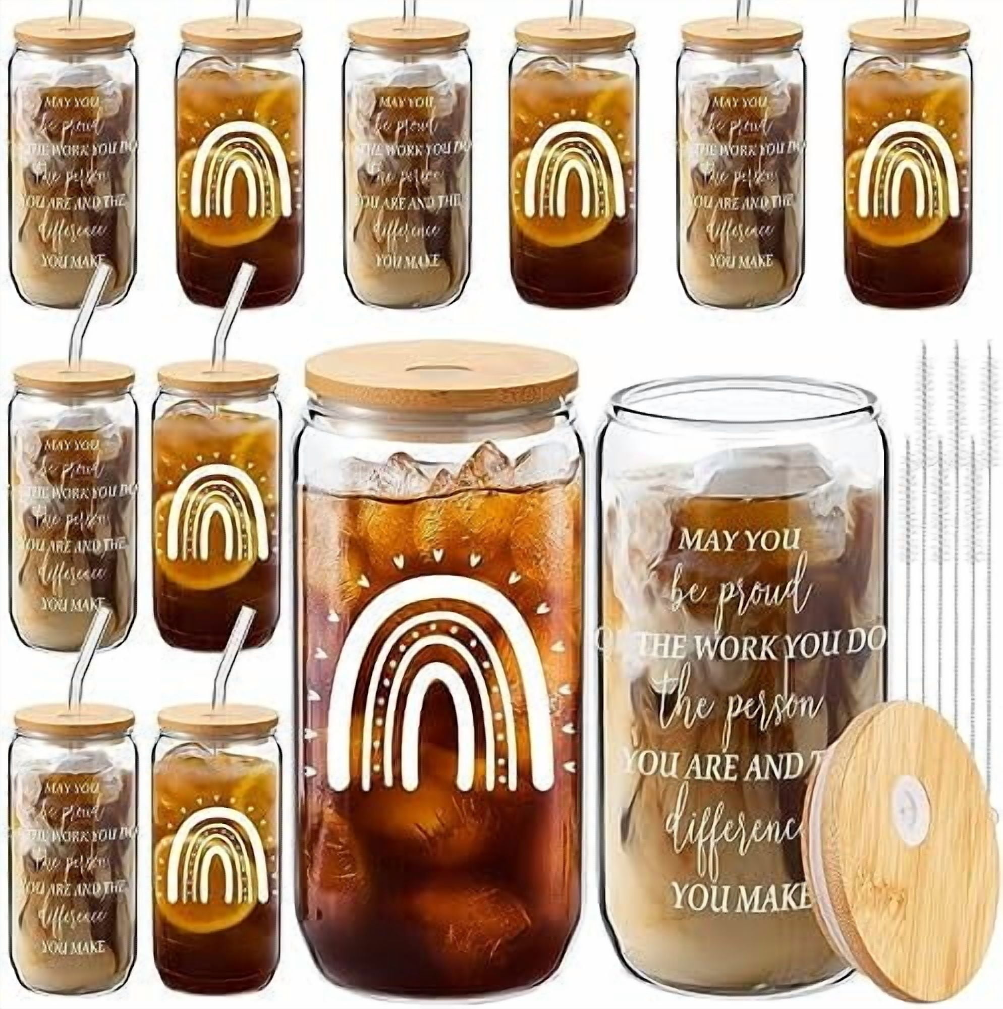 12 Pack Employee Appreciation Gifts Bulk 16 oz Glass Cups with Bamboo Lids and Straws Brushes ...