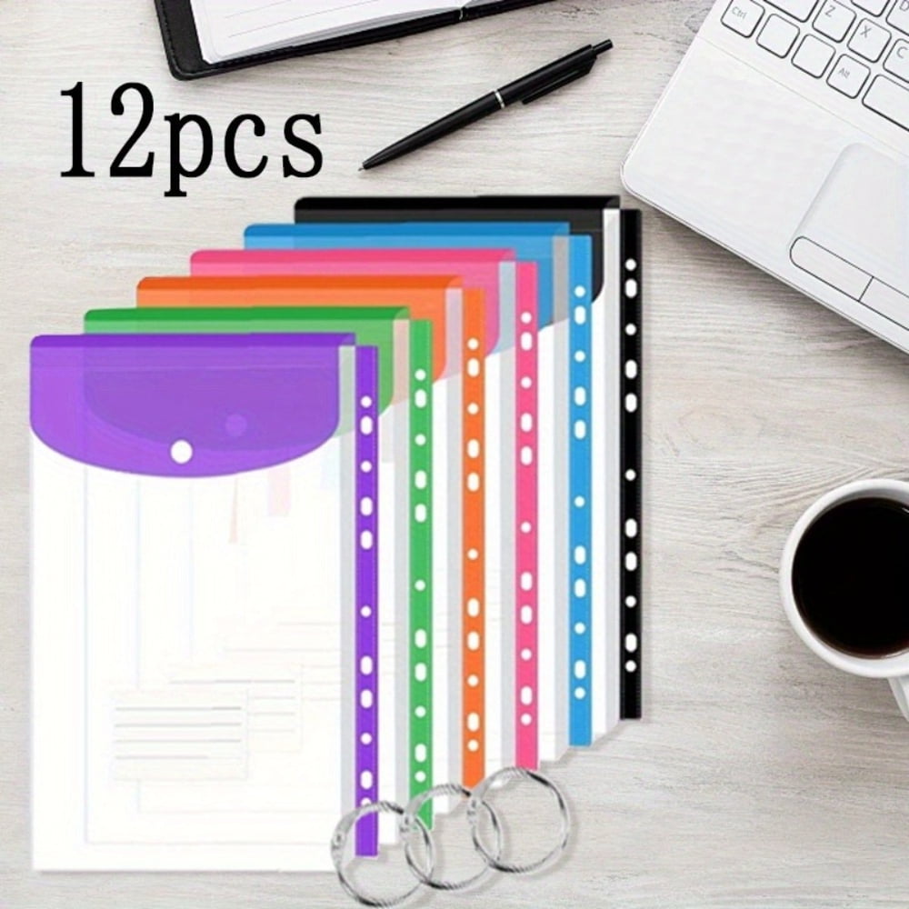 12-Pack Expandable Binder Pockets with 3 Metal Rings, 11-Hole Clear ...