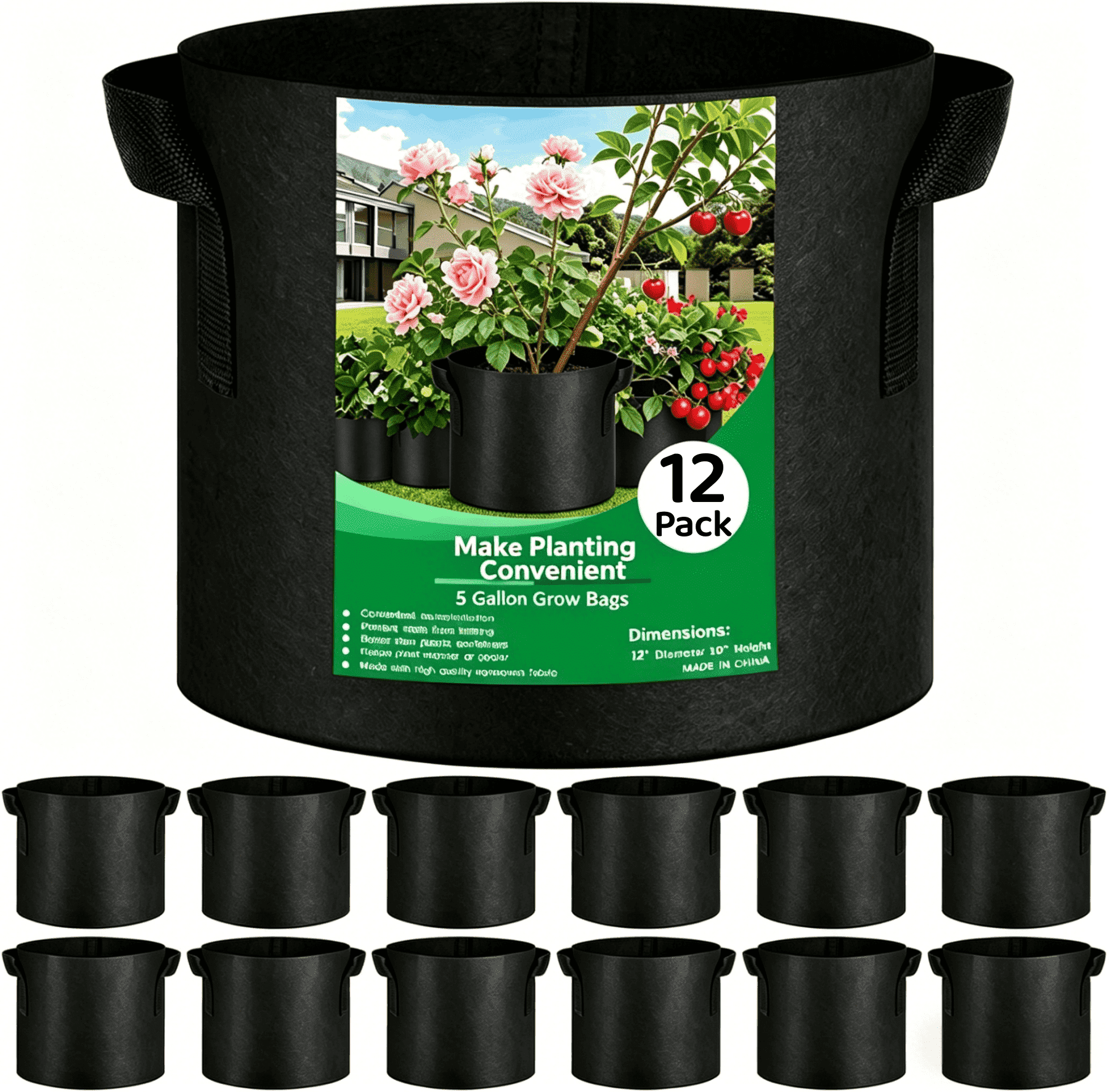 12-Pack Fabric Grow Bags 5 Gallon, Thickened Nonwoven Garden Pots ...