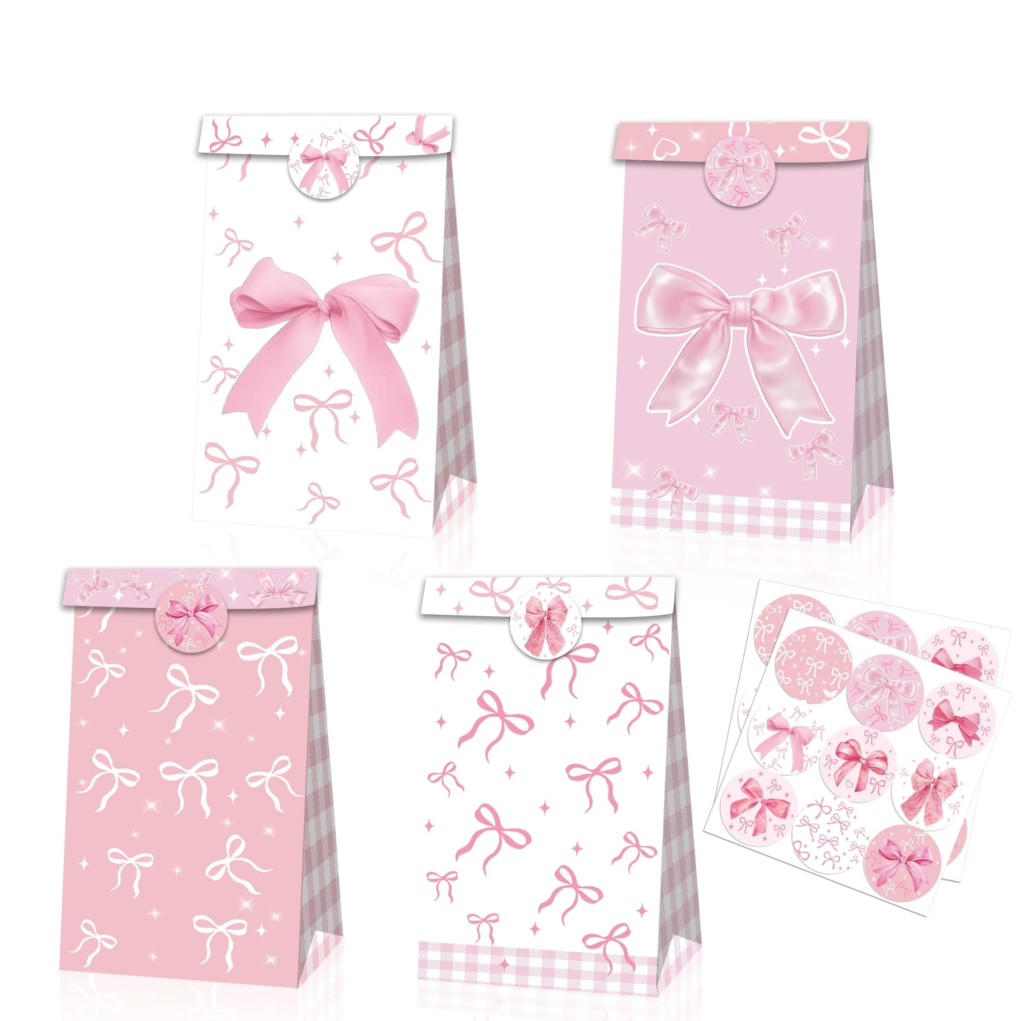 12 Pack Pink Bow Bags With Bow Stickers, Coquette Pink Bow Goodie Bags ...