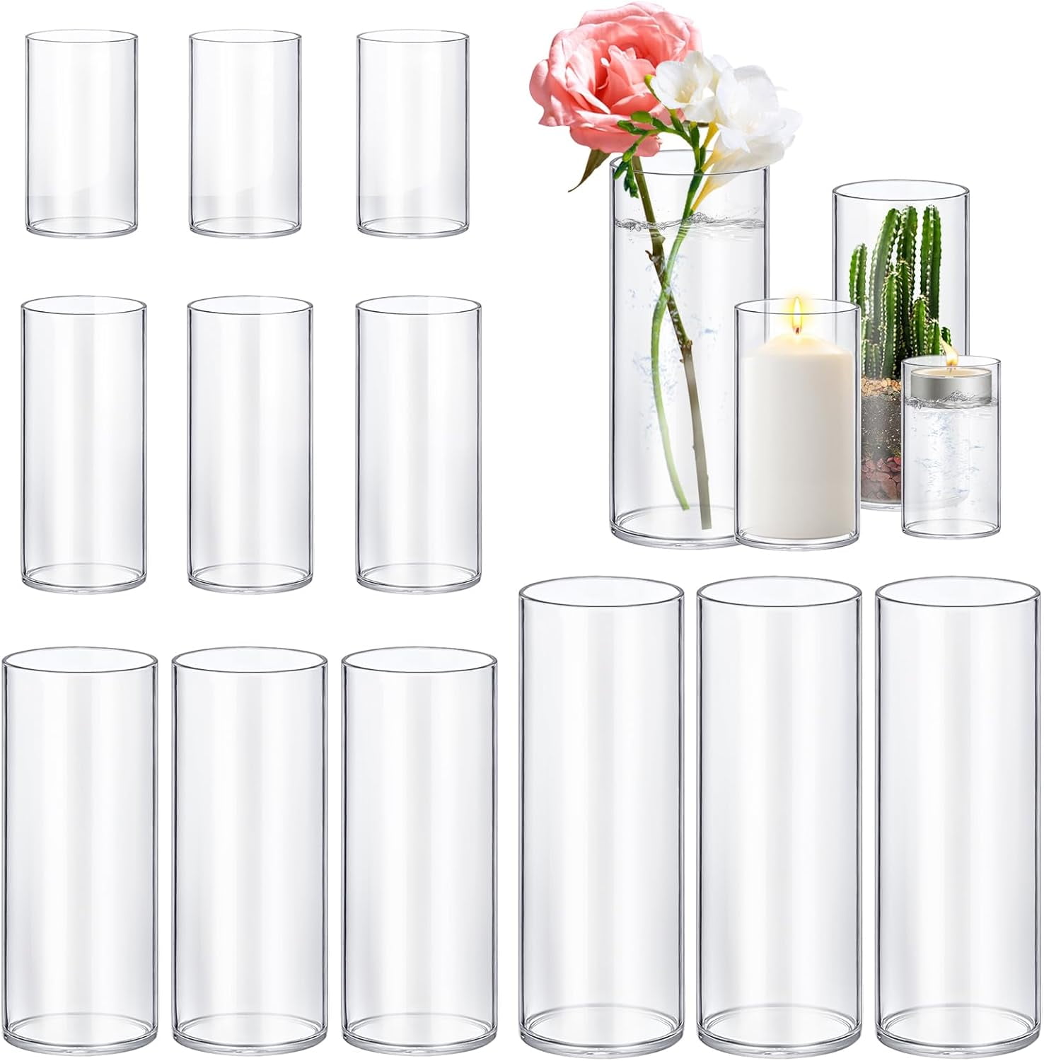 12 Pack Glass Cylinder Vases 4,6,8,10 Inch Tall Clear Flower Vase ...