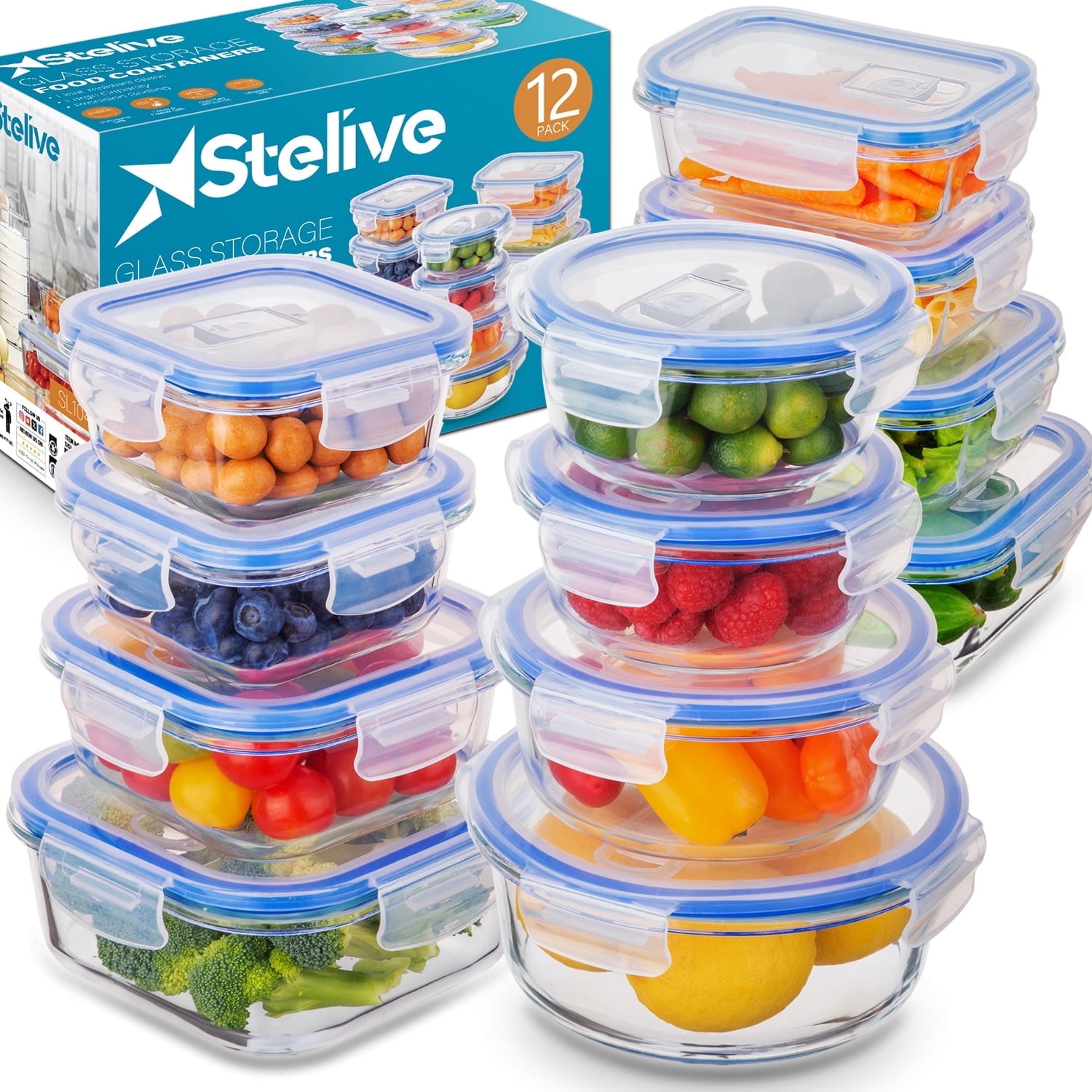 Stelive 12 PCS Glass Food Storage Lunch Containers Airtight Lids With ...