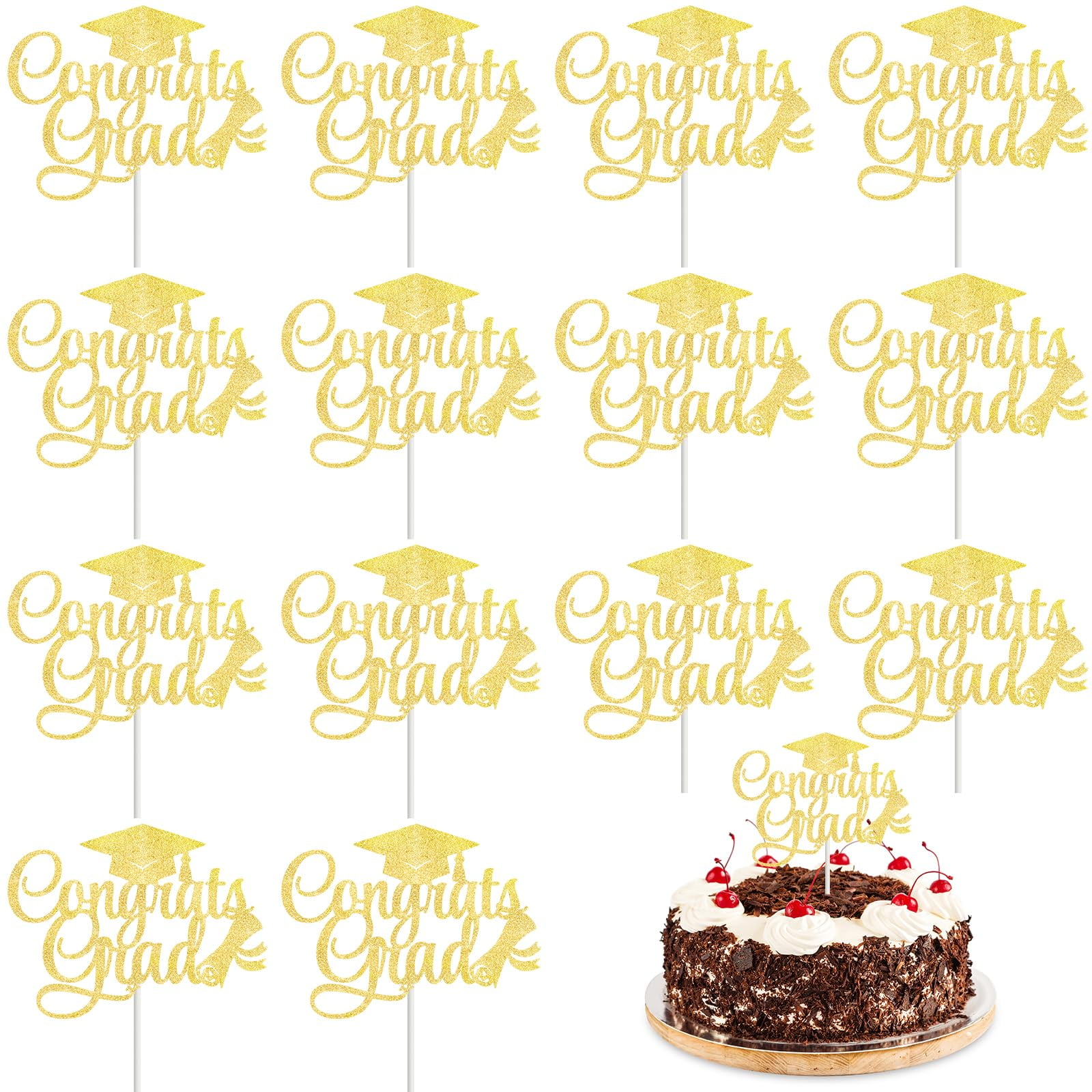 12 Pack Glitter Congrats Grad Cake Toppers, KMC26.2x4.6 Glittery ...