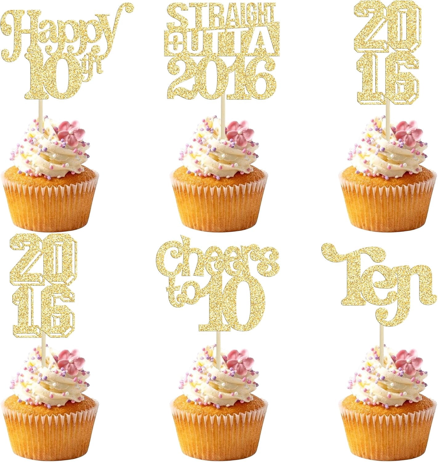 12 Pack Gold Glitter 10th Birthday Cupcake Toppers, Party Picks ...