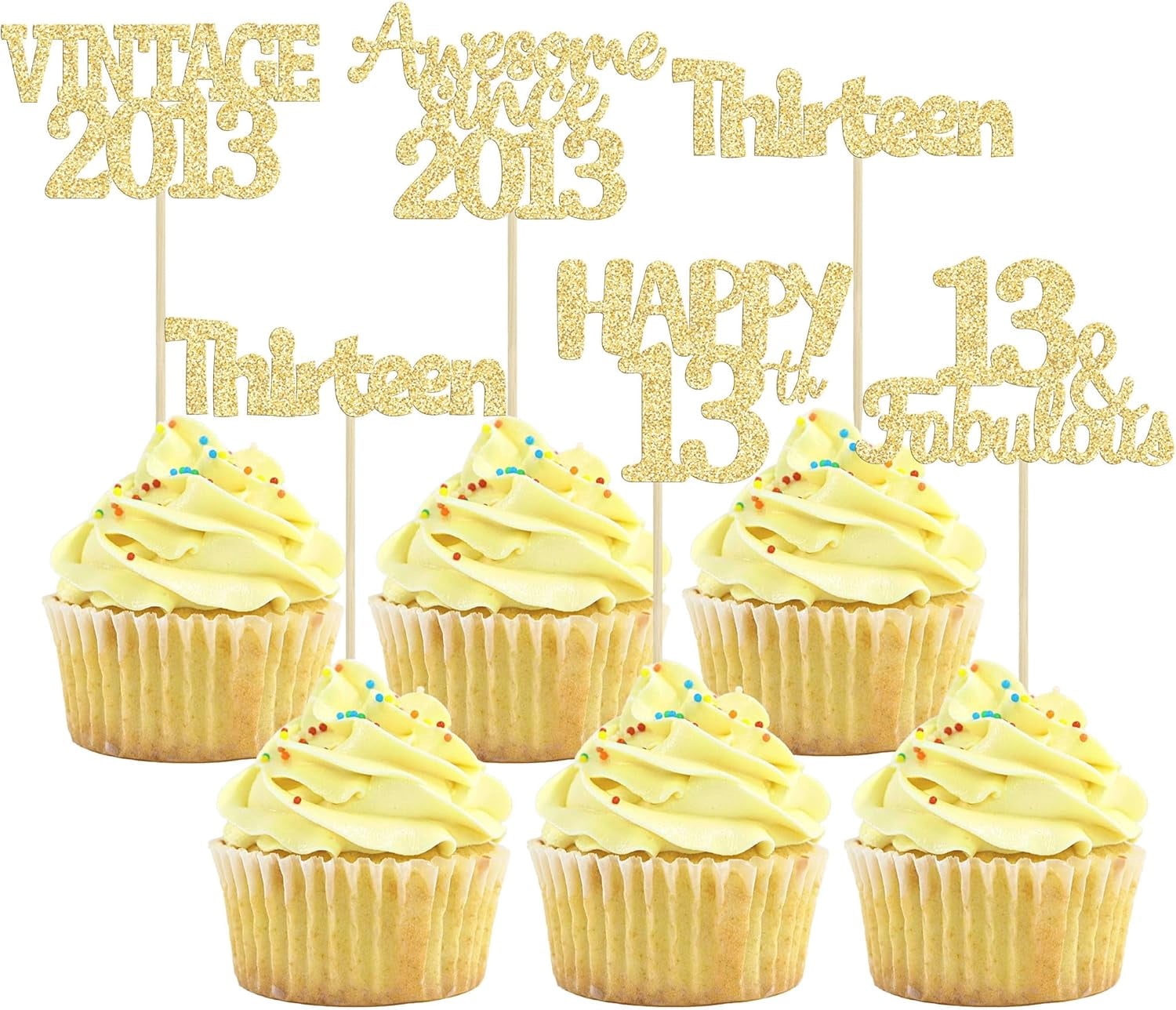 12 Pack Gold Glitter 13th Birthday Cupcake Toppers, Vintage 2013 Theme ...