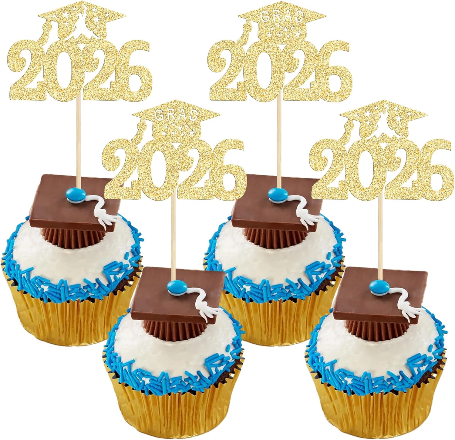 12 Pack Gold Glitter 2026 Graduation Cupcake Toppers, Graduation Cap ...