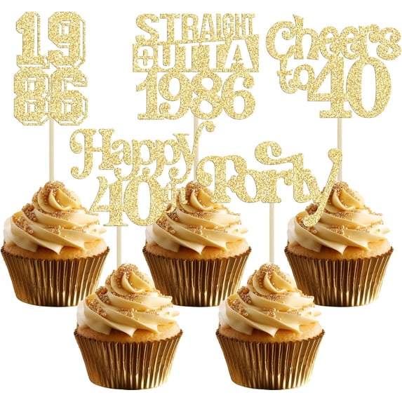 12 Pack Gold Glitter 40th Birthday Cupcake Toppers, Party Picks ...