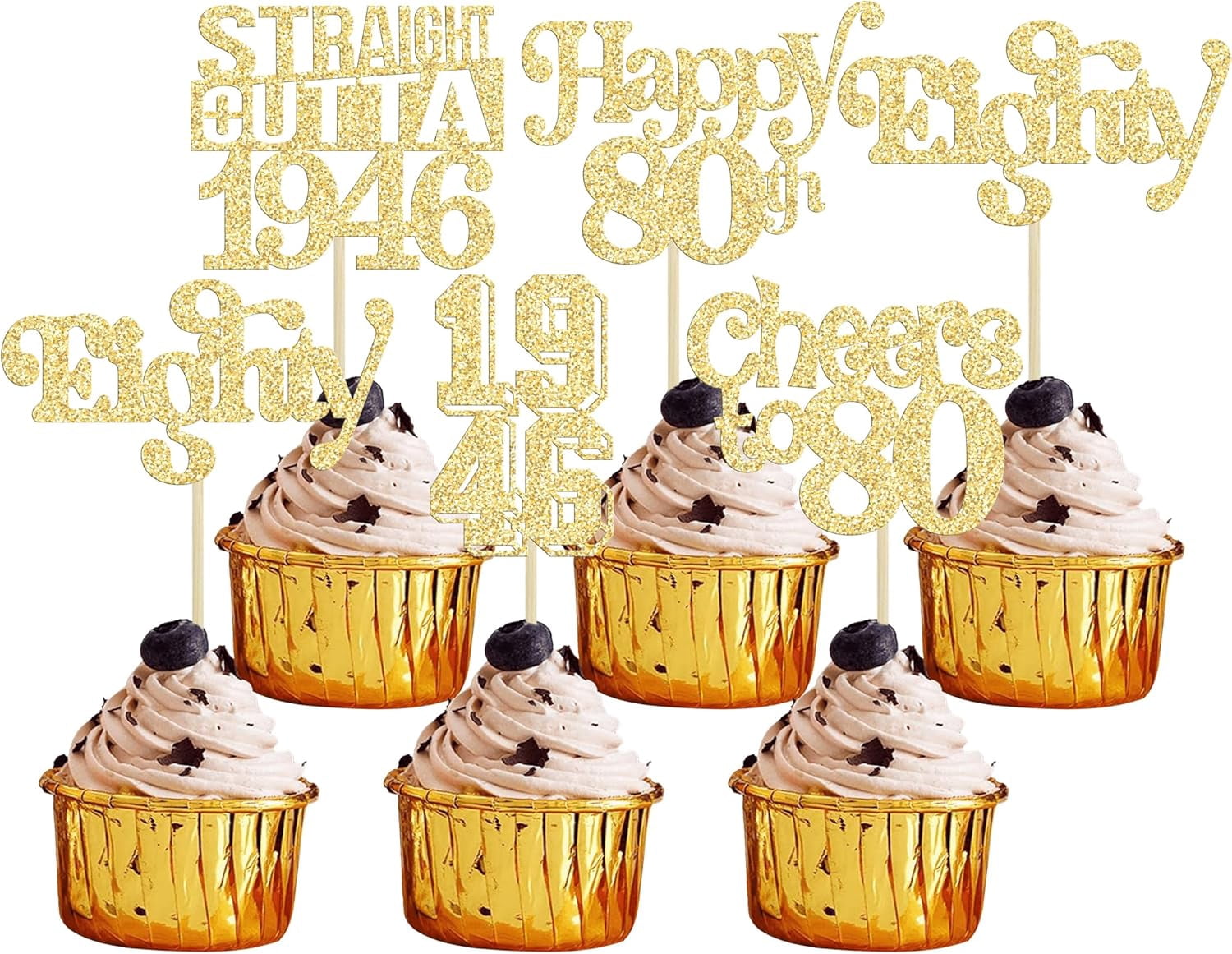 12 Pack Gold Glitter 80th Birthday Cupcake Toppers, Party Picks ...