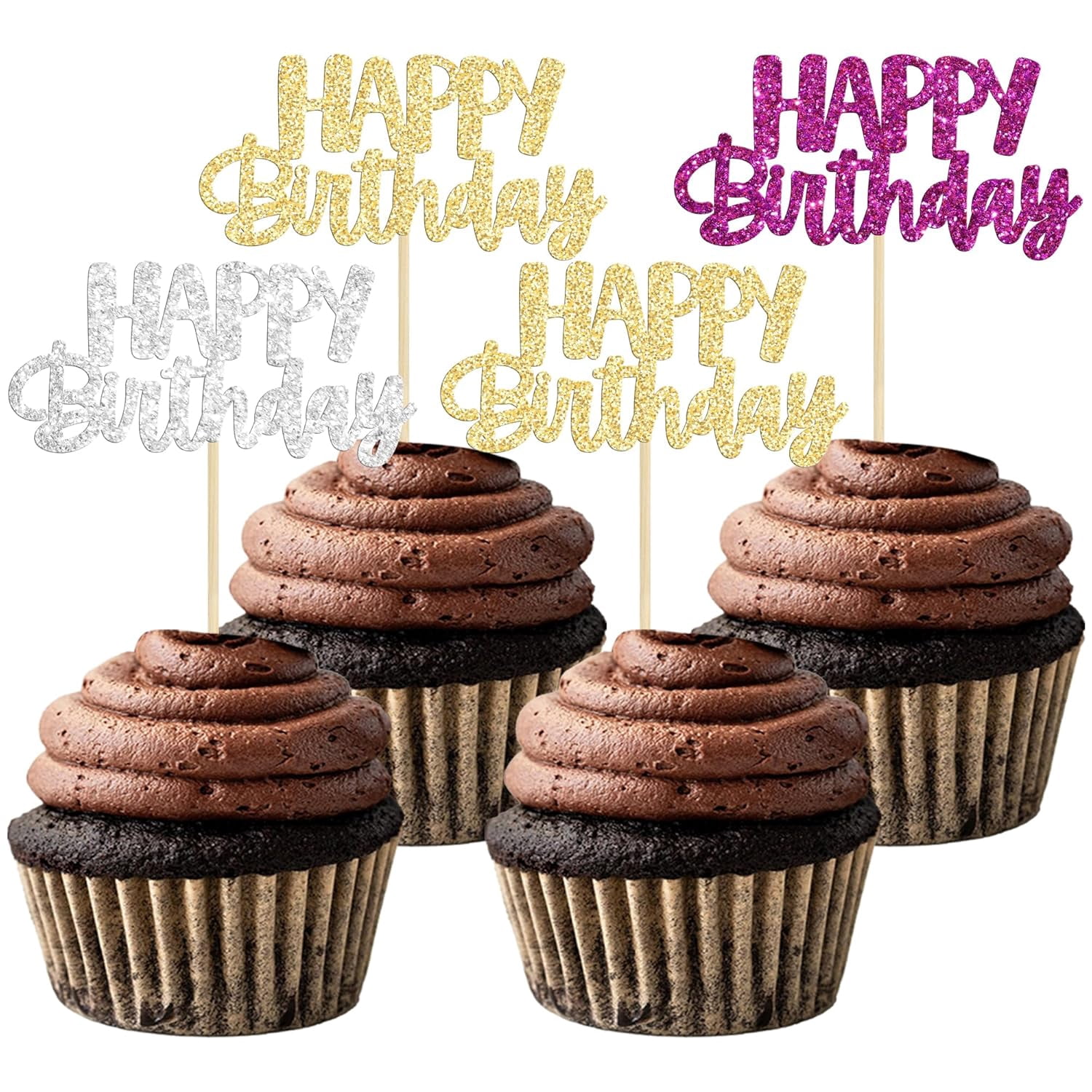 12 Pack Gold/Silver/Purple Glitter Happy Birthday Cupcake Toppers ...