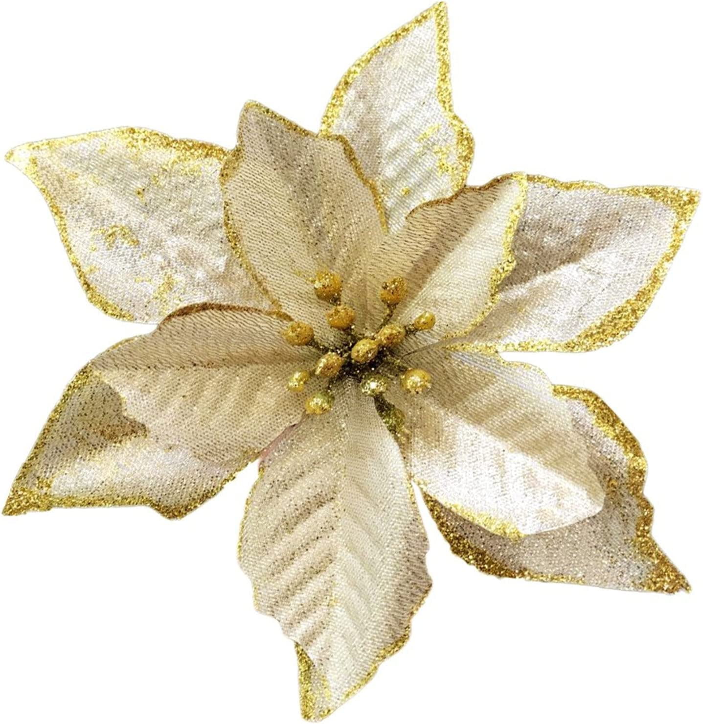 12 Pack Gold Glitter Poinsettia 5.1 inch Faux Holiday Stems, Artificial ...