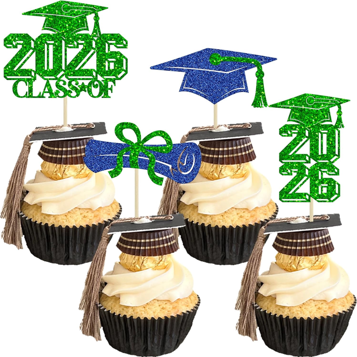 12 Pack Green & Blue Glitter 2026 Graduation Cupcake Toppers, "Class of ...