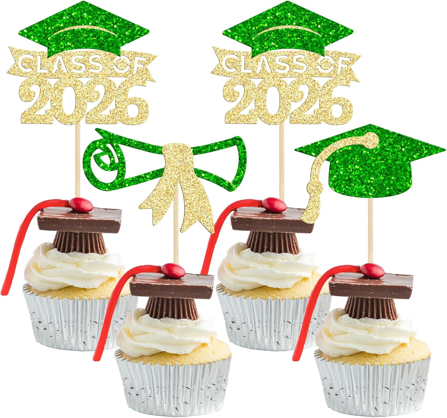 12 Pack Green & Gold Glitter Graduation Cupcake Toppers, "Class of 2026 ...