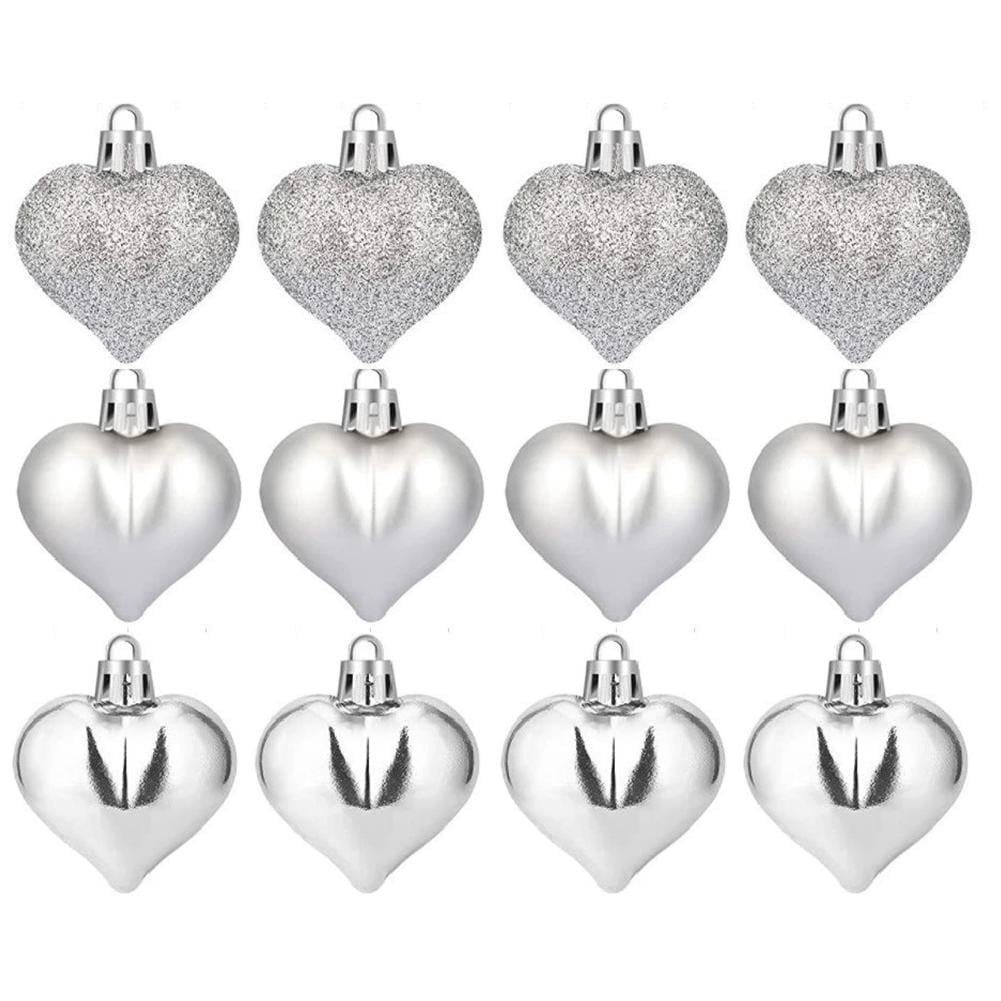 12-Pack Heart-Shaped Hanging Ornaments, Silver Shimmering Baubles for ...