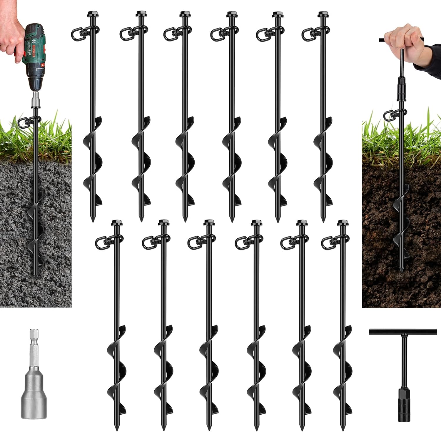 12 Pack Heavy-Duty Ground Anchors Set Earth Anchors with T Handle Hex ...
