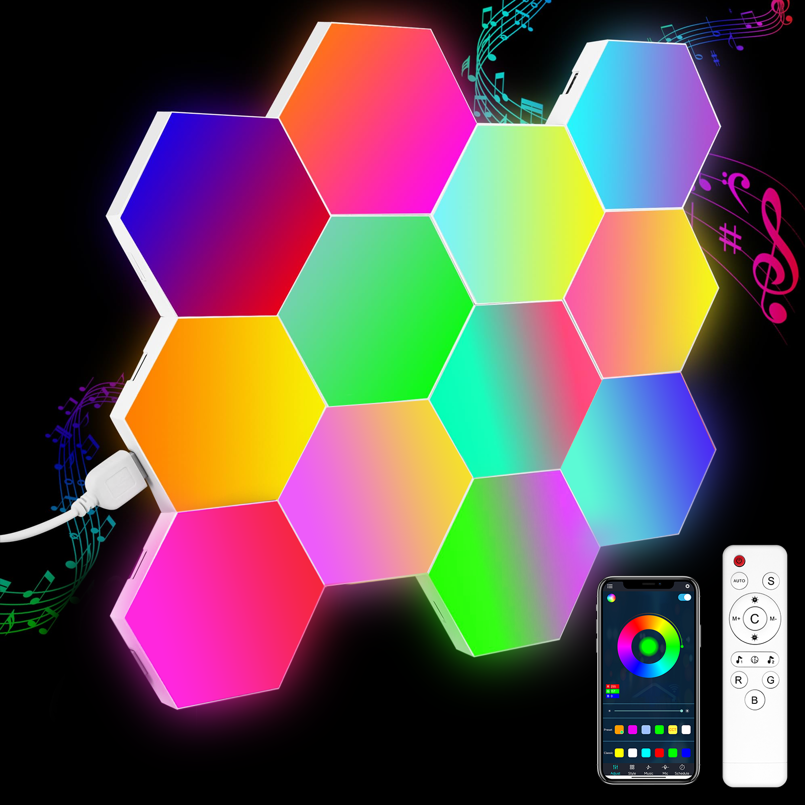 12 pack Hexagon Wall Lights - Smart RGB Hexagonal LED Panels APP ...
