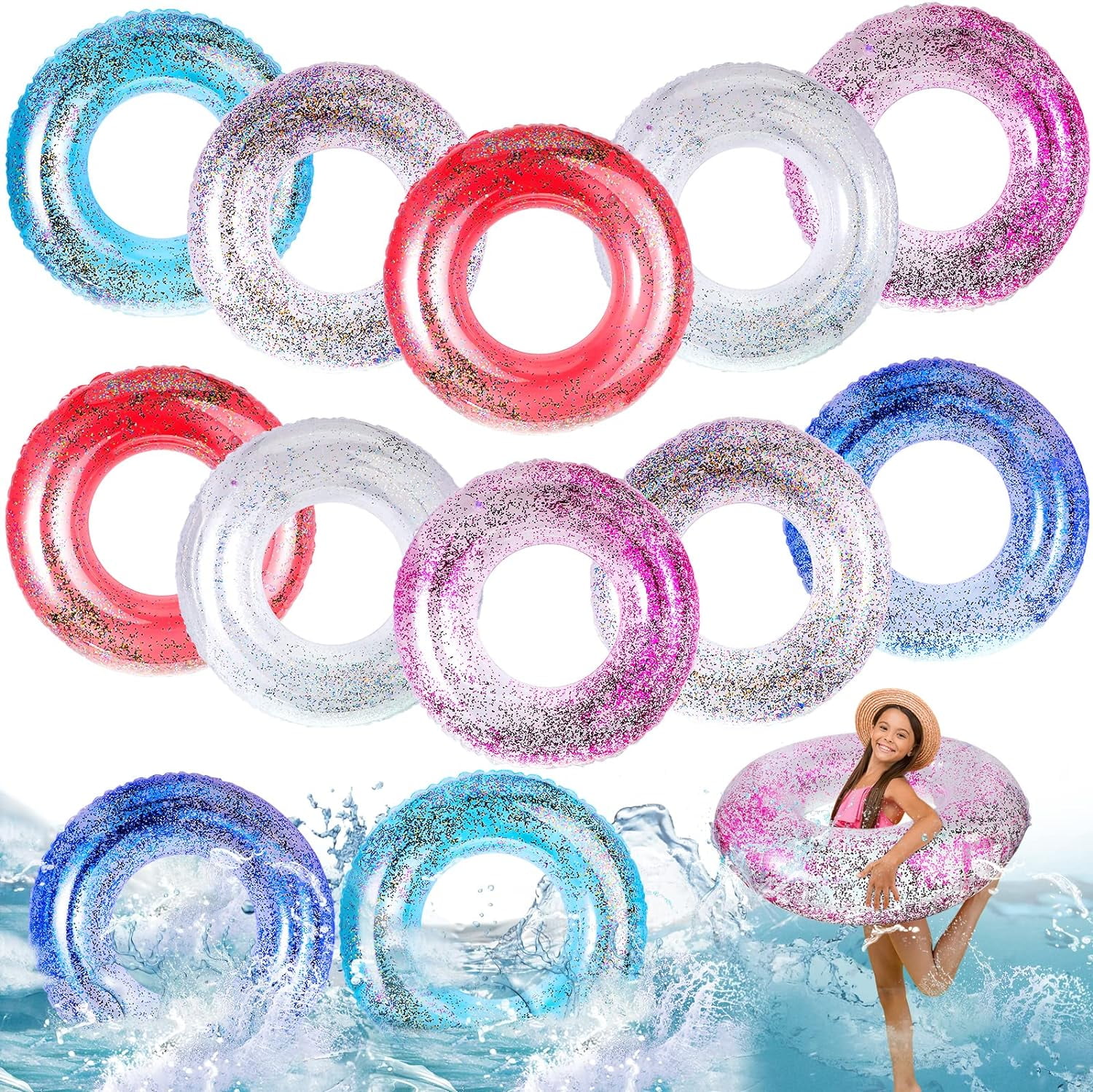 12 Pack Inflatable Pool Float Tube 31.5 Inch Glitter Swim Tubes Rings ...