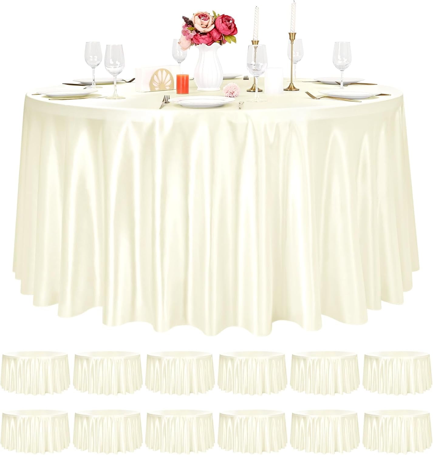 12 Pack Ivory Round Tablecloth, 120 Inch Satin Fabric Table Cloth for ...