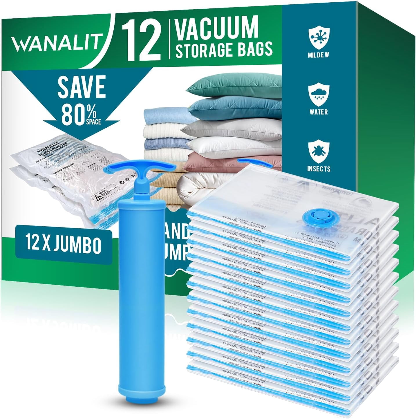 12-Pack Jumbo Vacuum Storage Bags with New Air Valve - Space Saver Vacuum Seal Bags for Clothes ...